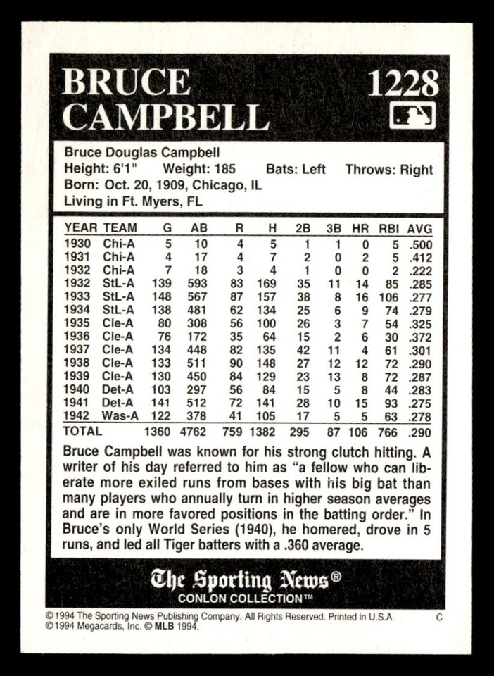 Bruce Campbell 1994 Conlon Collection TSN Card #1228 St. Louis Browns ...