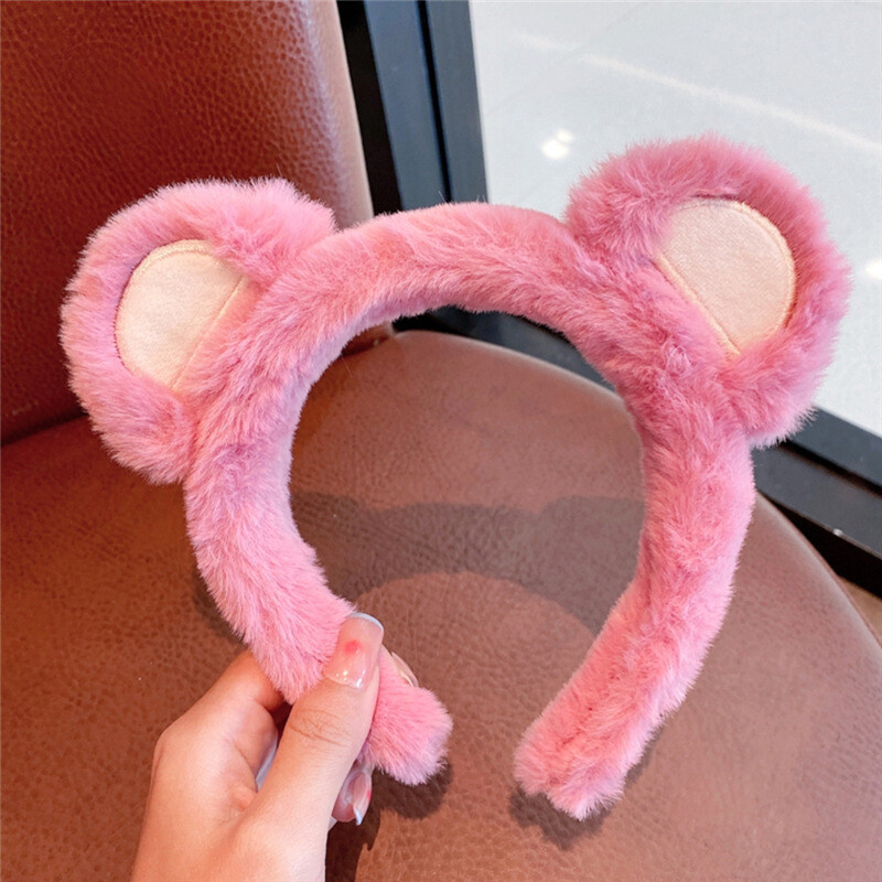 Hair Accessories Cartoon Animal Head Hoop Pink Plush Bear Ears Headband ...