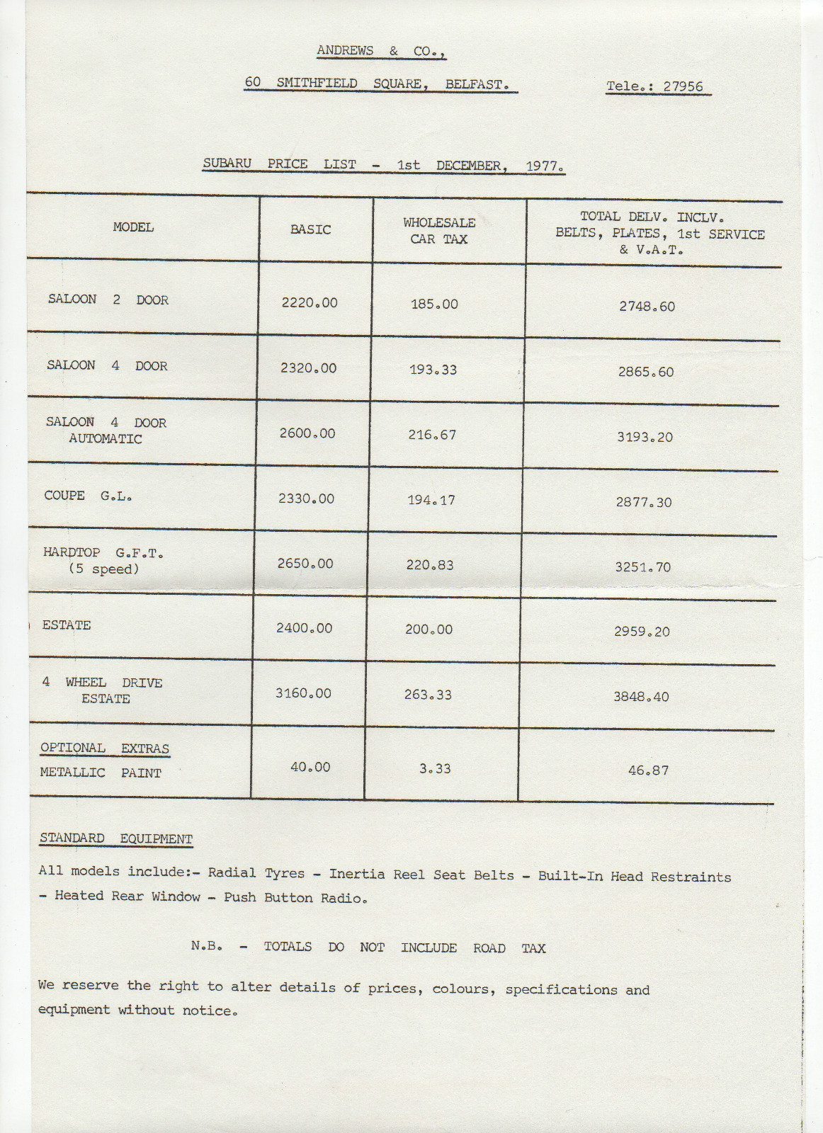 1977 Subaru 1600 (Leone) brochure + price list: Subaru GFT, DL, GL ...