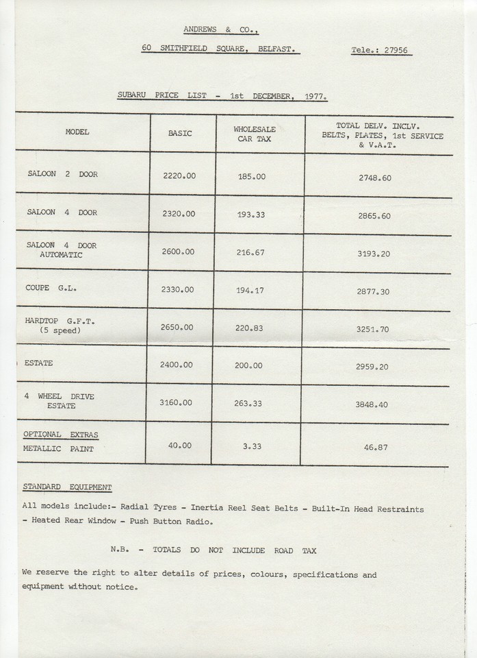 1977 Subaru 1600 (Leone) brochure + price list: Subaru GFT, DL, GL ...