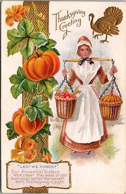 Thanksgiving Greeting Pumpkins Turkey Lady Girl A Jaeger Poem 1910s ...