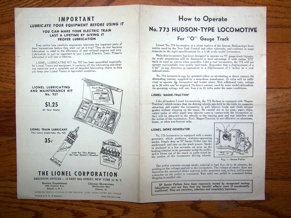 Original Lionel No. 773 HUDSON - TYPE LOCOMOTIVE INSTRUCTION SHEET ...
