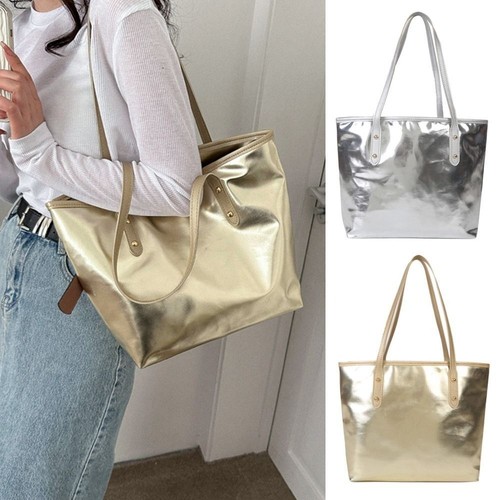 Large Capacity Silver Tote Bags Gold Silver Handbags Simple Shoulder ...