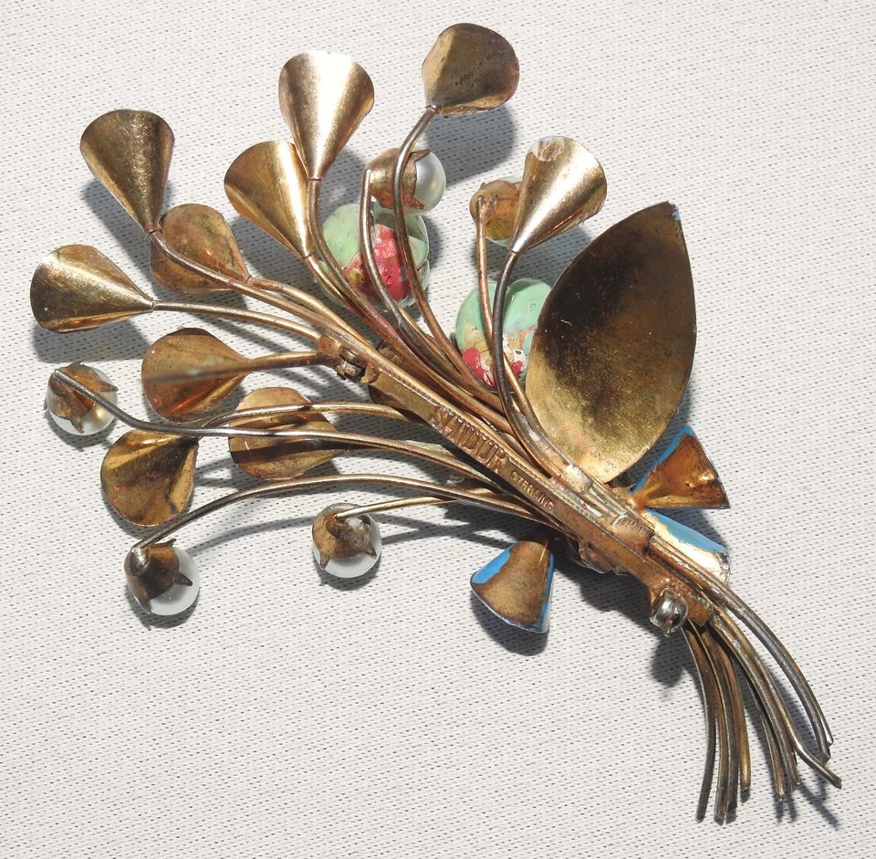 Vtg Book Sterling Silver Enamel Butterfly on Flower Huge Brooch SANDOR ...