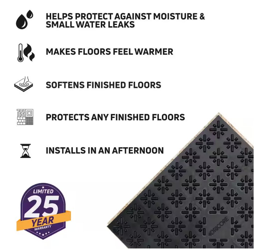 DRICORE Subfloor Membrane Panel Covers 4 sq. ft. - 3/4 in. x 2 ft. x 2 ...
