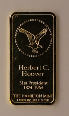 RARE 1975 HERBERT HOOVER-HAMILTON MINT-999 1 OZ OUNCE SILVER ART ROUND ...