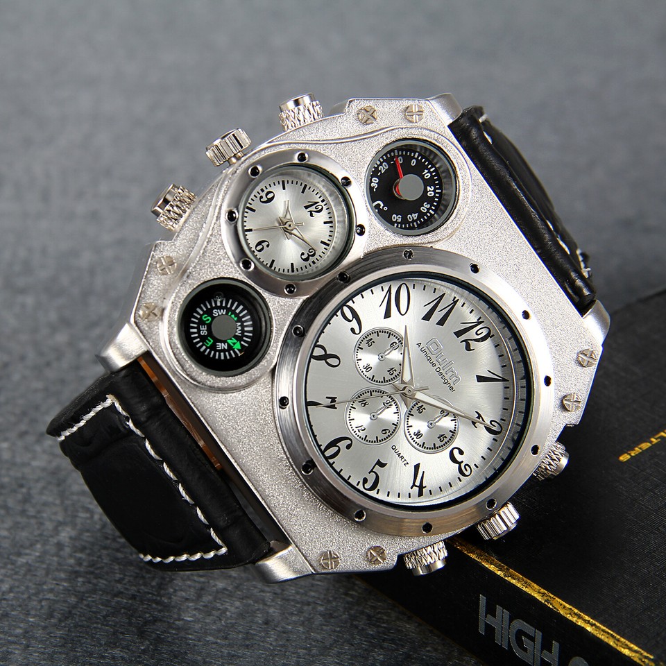 Men's Sport Army Multi-functional 2 Time Zones Dial Leather Quartz ...
