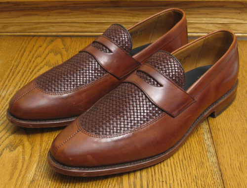 ALLEN EDMONDS "Leyland" brown leather w/ woven vamp PENNY LOAFERS sz 11 ...