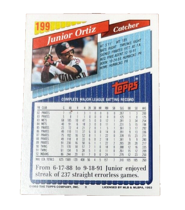 1993 TOPPS Card # 199 Junior Ortiz - Cleveland Indians | eBay