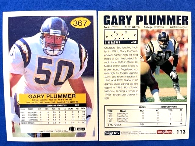 NFL - Gary Plummer 1992 Fleer & 1992 Skybox Football - Chargers | eBay