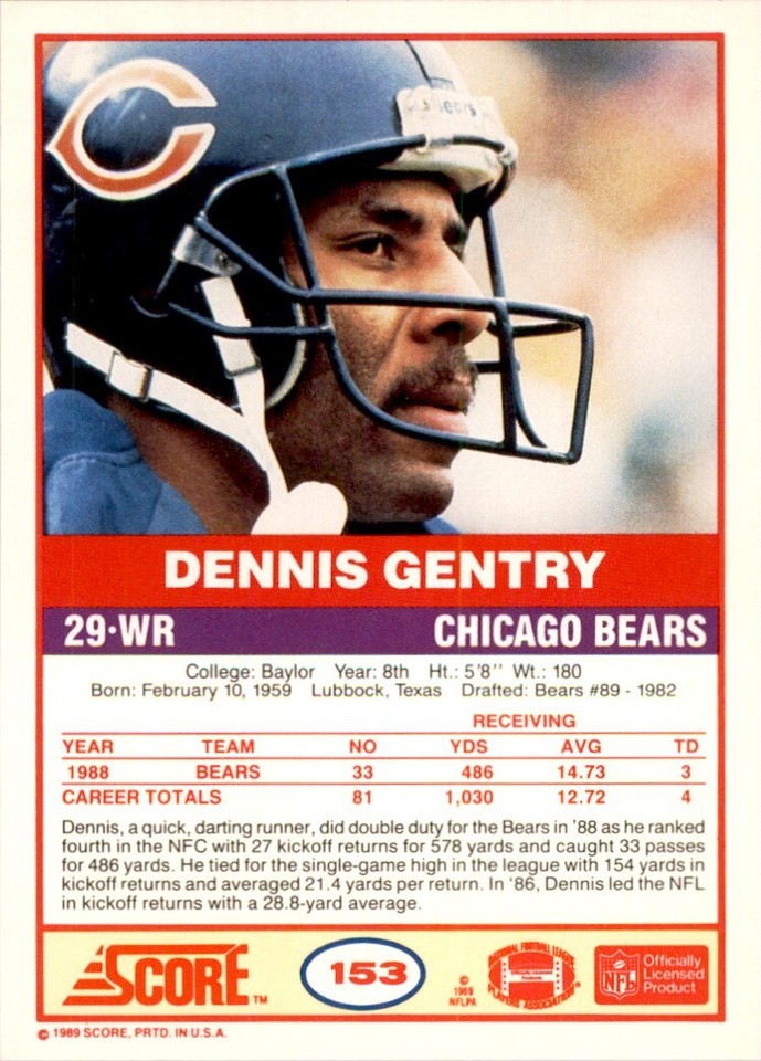 1989 SCORE DENNIS GENTRY CHICAGO BEARS #153 | eBay