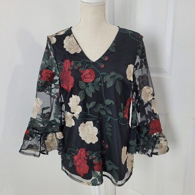 Beige by ECI Top Womens Small Black Floral Embroidered Sheer Sleeves ...