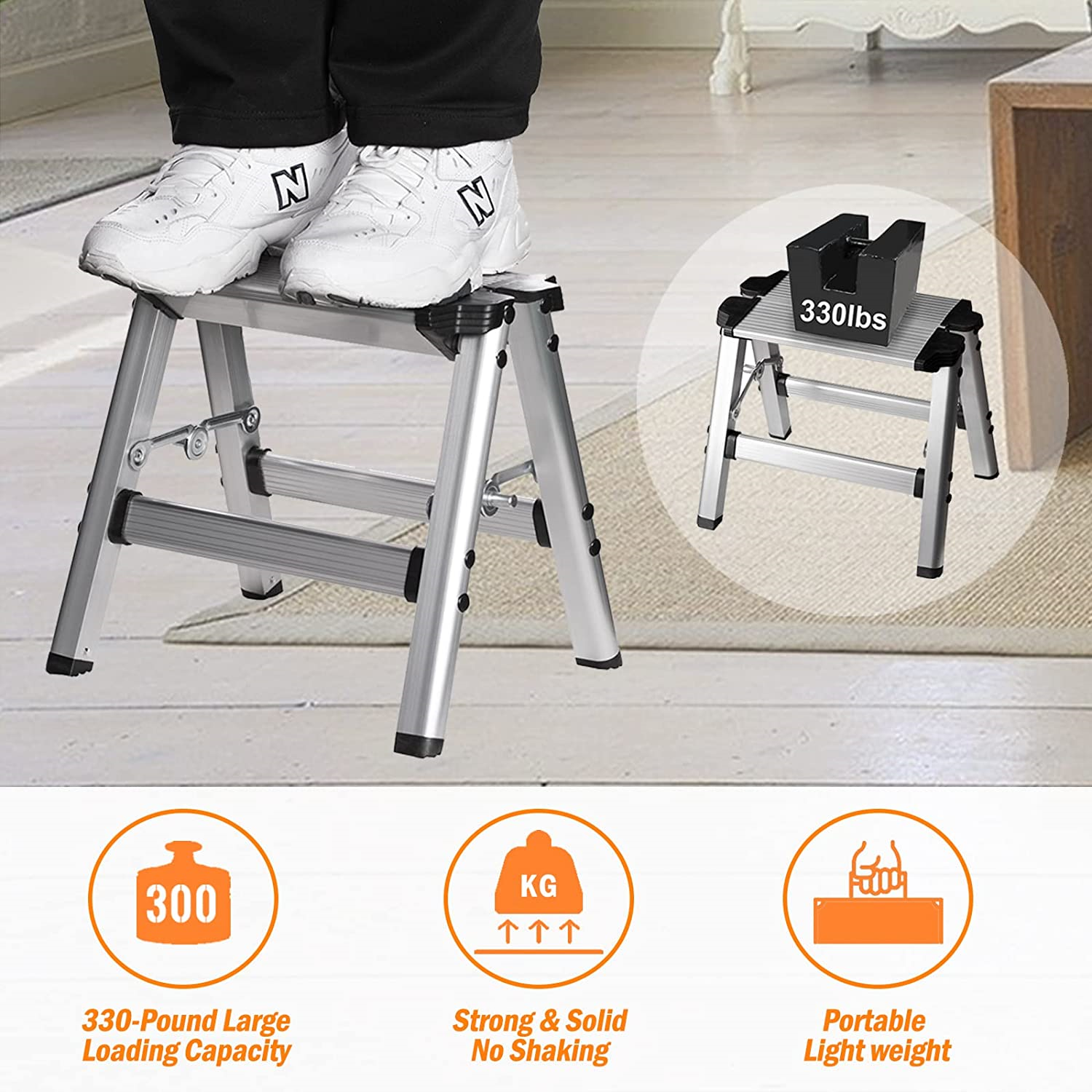 Folding One Step Stool - Small Aluminum 1 Step Ladder 330lbs Capacity ...