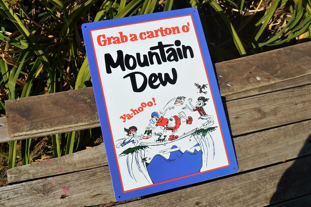 Yahooo! Mountain Dew Tin Metal Sign - Hillbilly - It'll Tickle Yore ...