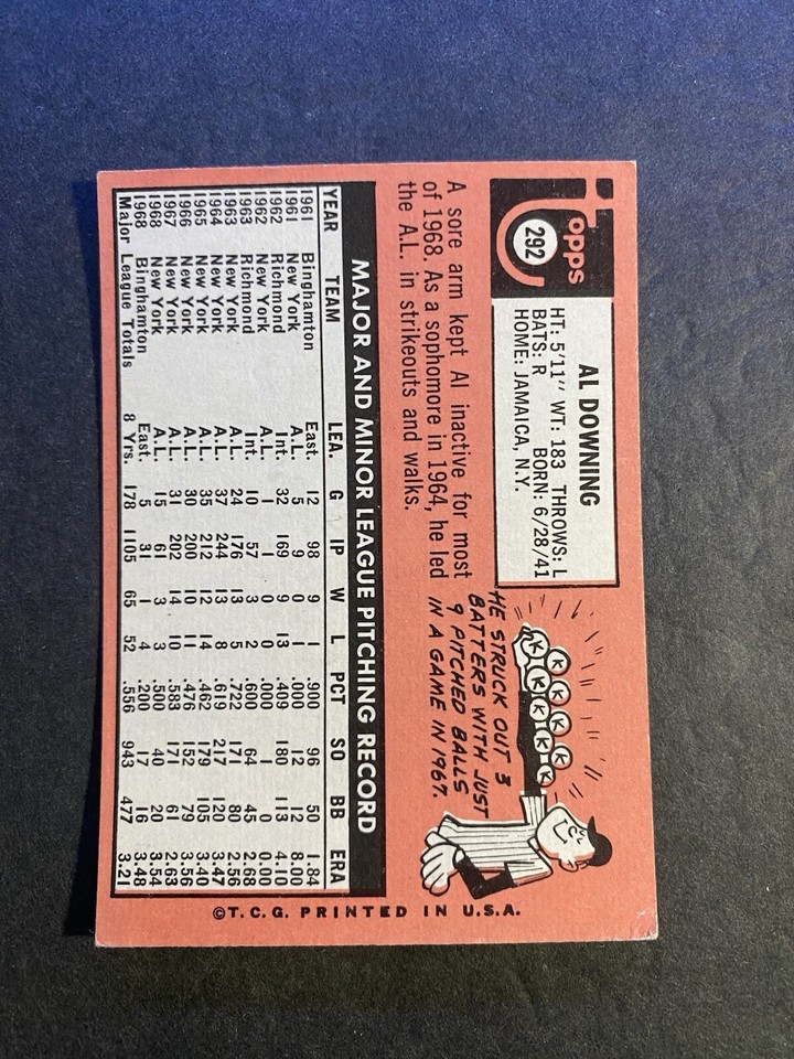 1969 Topps Baseball Al Downing New York Yankees Card #292 | eBay