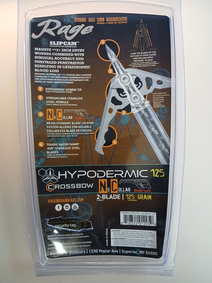 Rage Hypodermic NC No Collar Crossbow Broadheads 2-Blade 125 Grain 2 ...