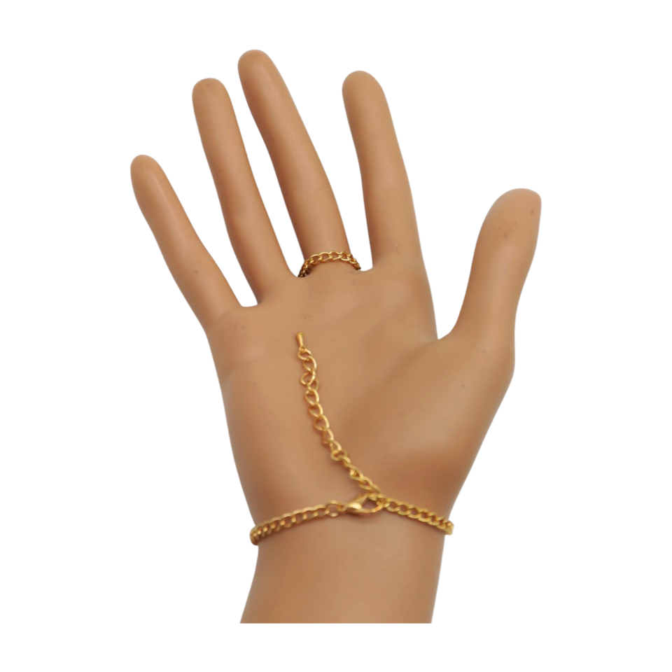 Women Gold Metal Hand Chain Bracelet Multi Wave Connected Ring Bling ...