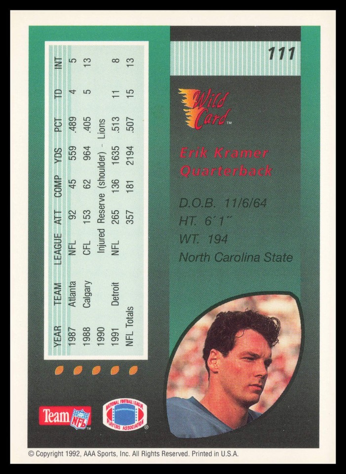 1992 Wild Card #111 Erik Kramer Detroit Lions Card | eBay