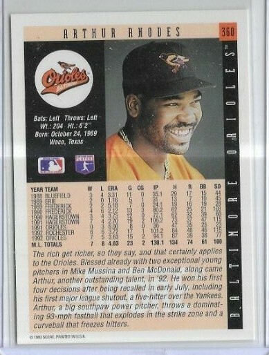 1993 Score #360 Arthur Rhodes Baltimore Orioles | eBay