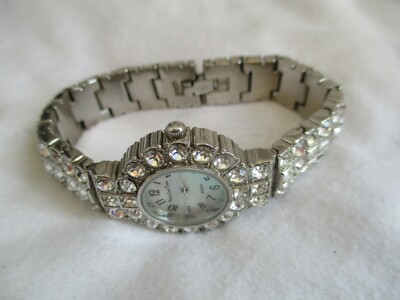Main Line Time Watch Silver Tone Sparkly Band Round Mother of Pearl ...