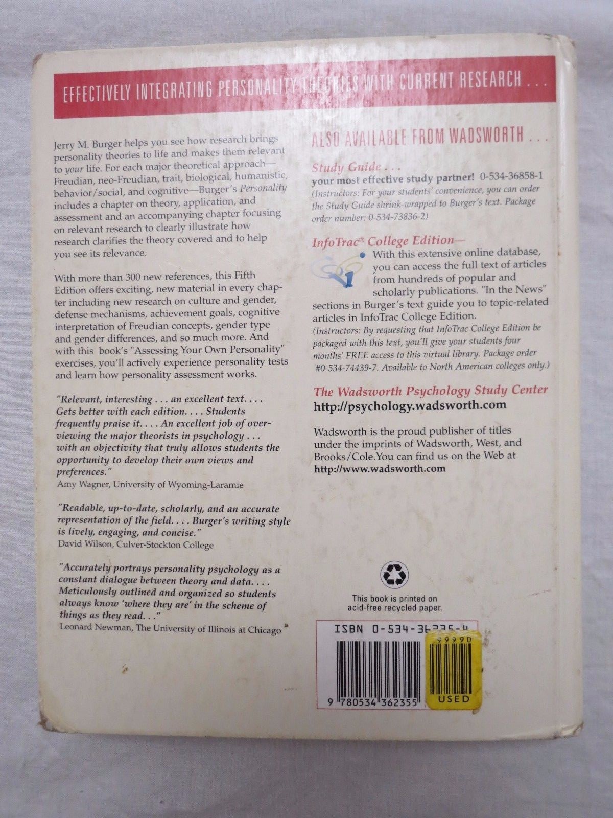 Personality by Jerry M. Burger, Fifth Edition, Used College Book ...