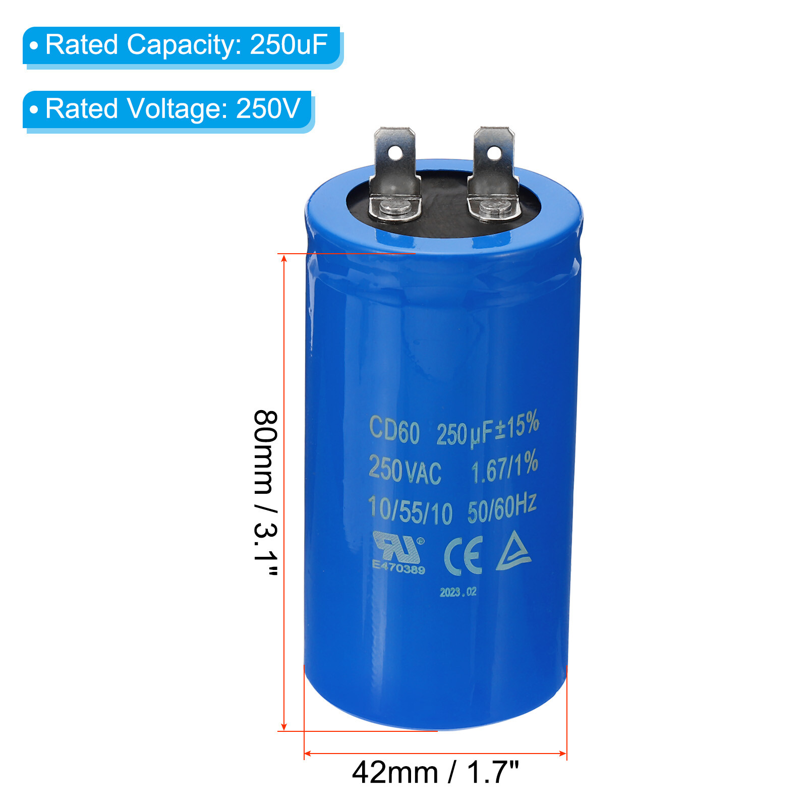 2 Pack CD60 Run Capacitor 250uF/MFD 250VAC 15% Tolerance 50/60Hz Motor ...