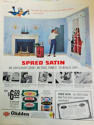 1961 Glidden Spred Satin Paint Woman Roller Brush Blue Room Vintage Ad ...