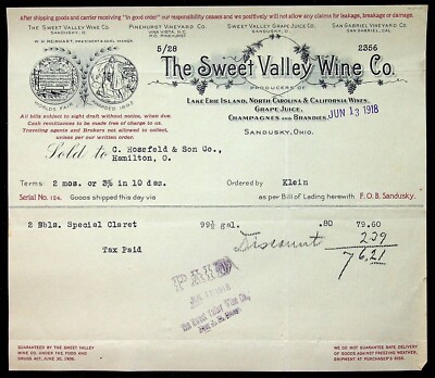 Sweet Valley Wine Company Liquor Invoice Sandusky OH 6/13/1918 ...