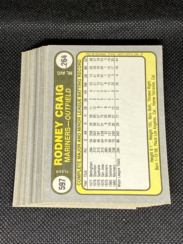 Rodney Craig Seattle Mariners Outfield 1981 Fleer #597 20 Card Lot | eBay