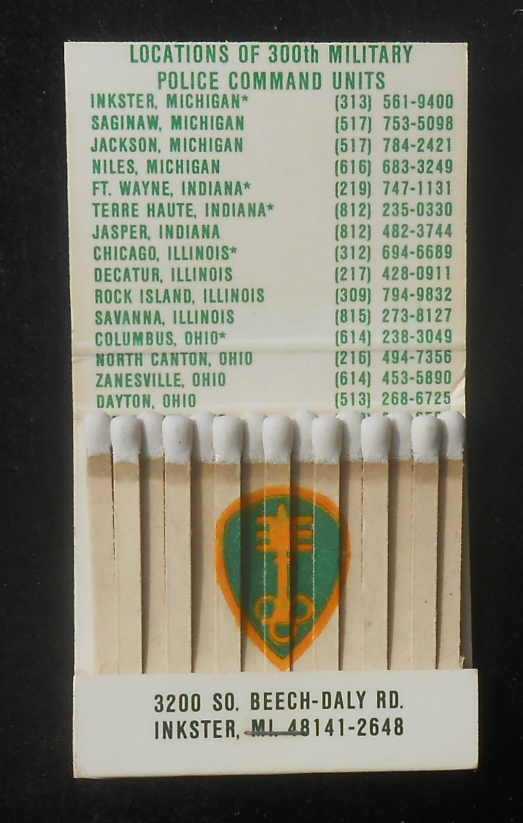 1970s? Feature Matchbook 300th Military Police Command Beech-Daly Rd ...