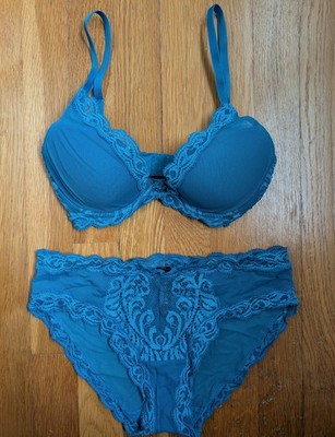 Natori Feathers Blue Lace Bra Set 30D M Adjustable Straps Underwire ...