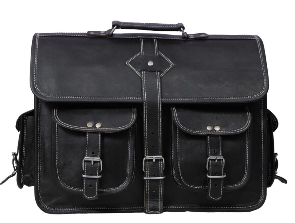 16" Black Real Leather Messenger Bag Men Women Briefcase Laptop ...