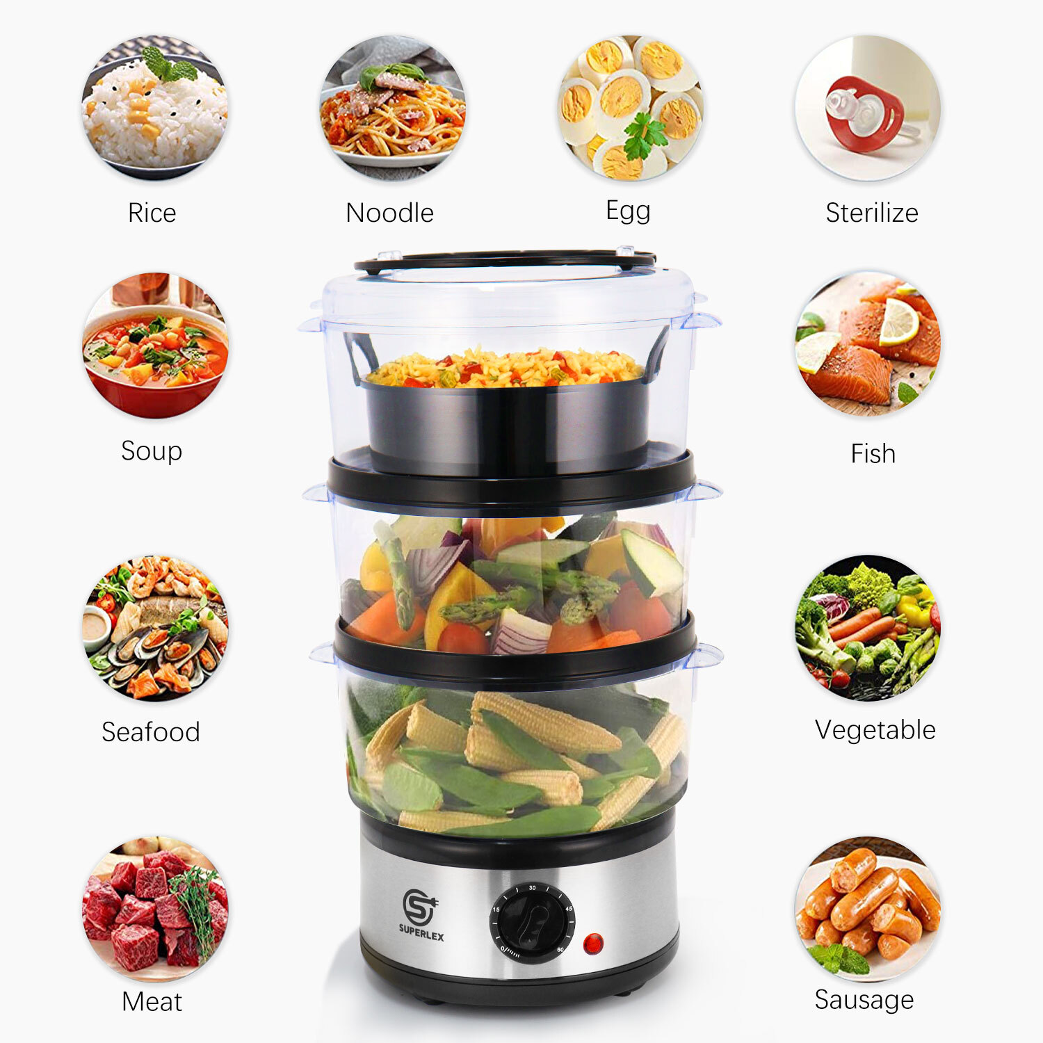 7.5L Food Vegetable Meat Steamer 3-Tier Electric Slow Cooker With Rice ...