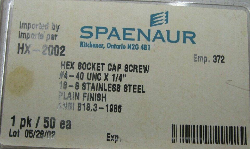 Spaenaur HX-2002 #4-40 1/4" Hex Socket Cap Screw 18-8 Stainless - NOS ...