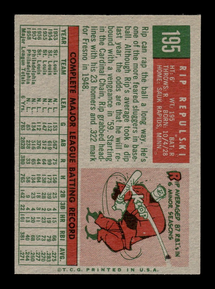 1959 Topps Baseball #195 Rip Repulski EX MINT Los Angeles Dodgers | eBay