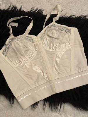Vtg Cotton & SATIN Stitched Bustier Long Line Bra Top Floral Lace 34B ...