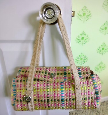 The Sak Woven Multicolored Ribbon Purse Baguette Bag Beige Tan Handbag ...