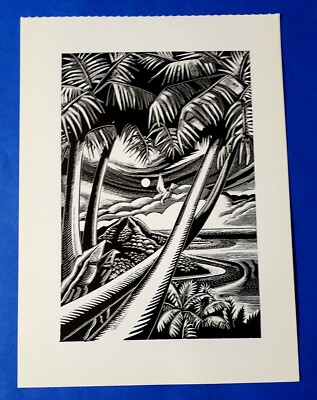 Postcard "Islands and Sea" BW Woodcut Picture Michael McCurdy 6.20"x4 ...