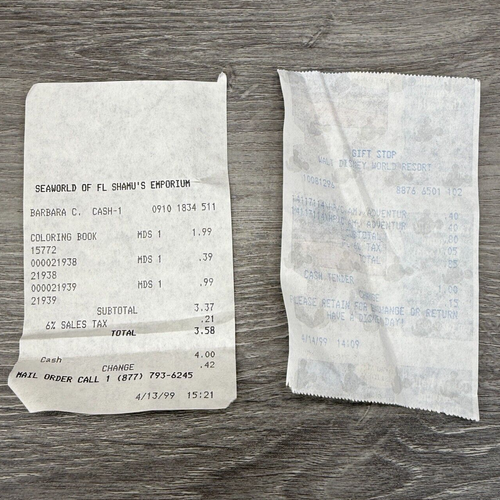 Disney World & Sea World Vtg Receipts 1999 Theme Park Gift Ship ...