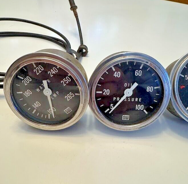 Vtg Stewart Warner Block Letter 2 5/8" Gauge Set Water Oil Fuel Hot Rod ...