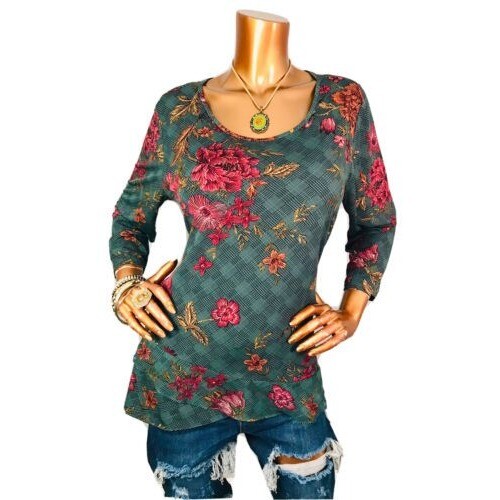 Roz and Ali Womens Floral Plaid Print Top Green Polyester Quarter ...