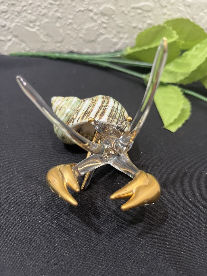 🔥 Art Glass HERMIT CRAB with Gold Details Marine Hand Blown, Real Shell ...