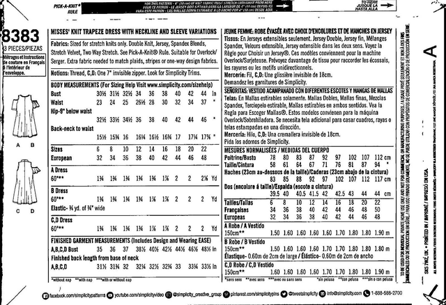 Simplicity Sewing Pattern 8383 H5 Misses' Knit Trapeze Flowy Dress S6 ...