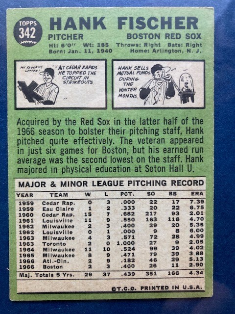 1967 Topps Baseball Boston Red Sox Hank Fischer #342 EX | eBay