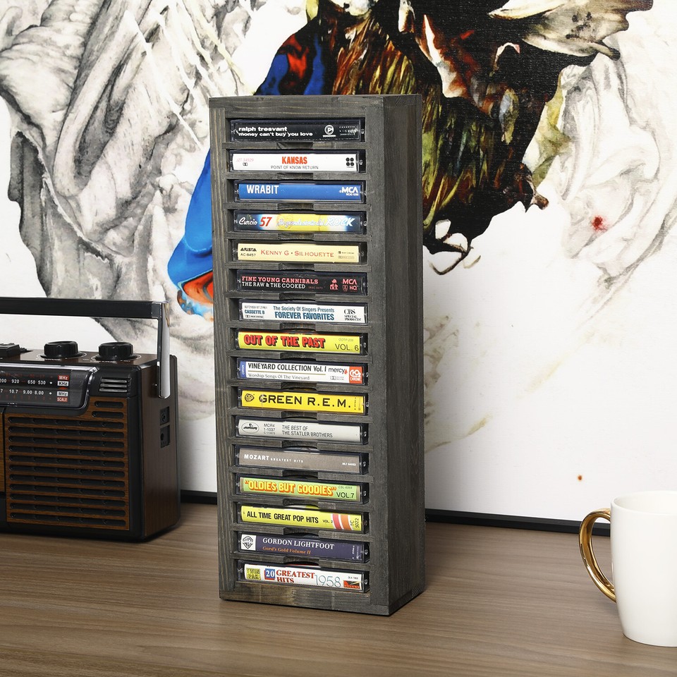 16-Slot Gray Solid Wood Freestanding Retro Cassette Tape Storage Rack ...