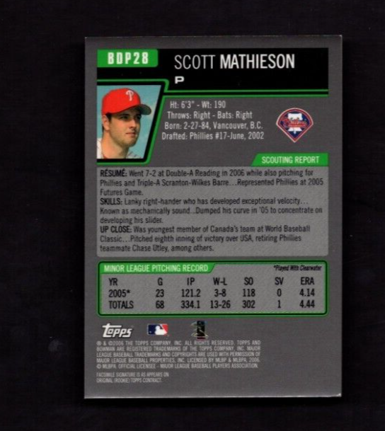 2006 Bowman DP Gold Rookie Scott Mathieson Philadelphia Phillies RC# ...