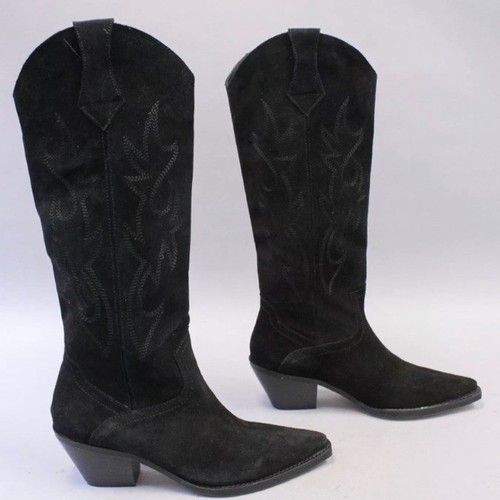 ZARA Black Suede Split Western Cowboy Boots Embroidered US 9 EU 40 | eBay