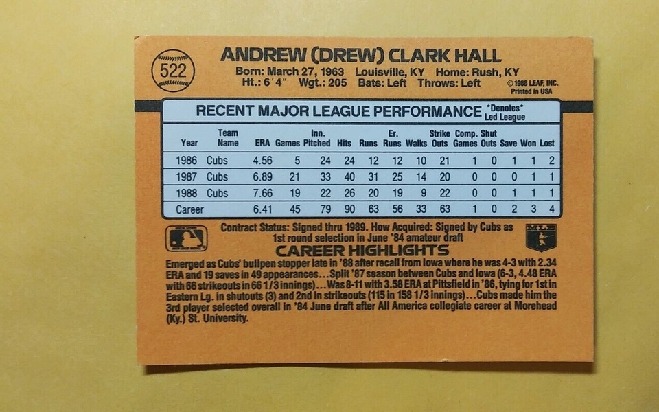 1989 Donruss Baseball Card Drew Hall Chicago Cubs #522 | eBay