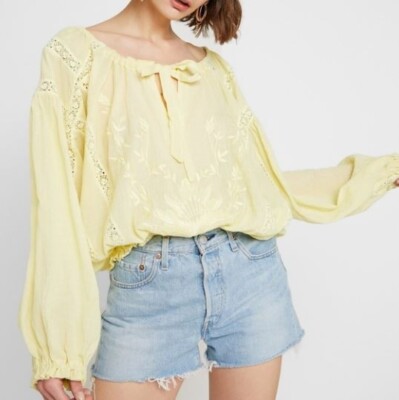 NWT Womens Free People Maria yellow embroidered peasant long sleeve sz ...