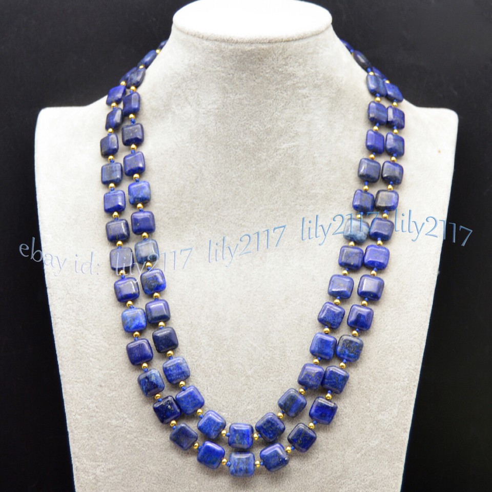 Natural Blue Lapis Lazuli 12mm Flat Square Gemstone Beads Necklace 14 ...